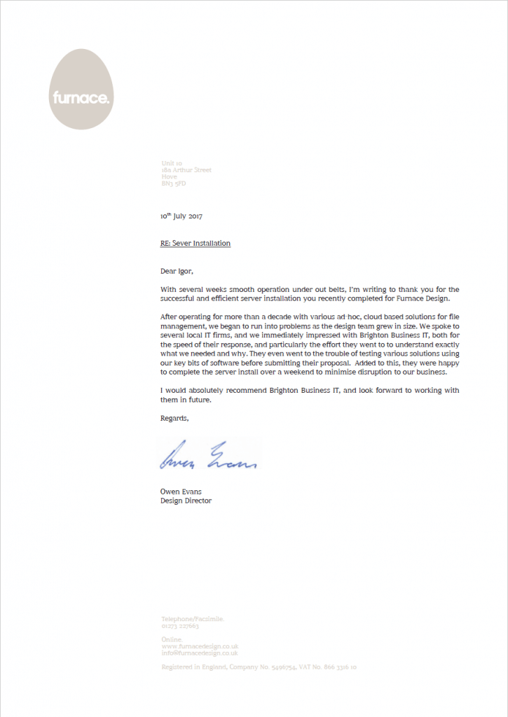 Case Study: Furnace Design - Brighton Business IT